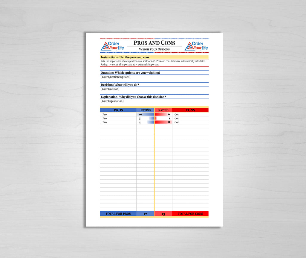 Pros and Cons Spreadsheet - Order Your Life